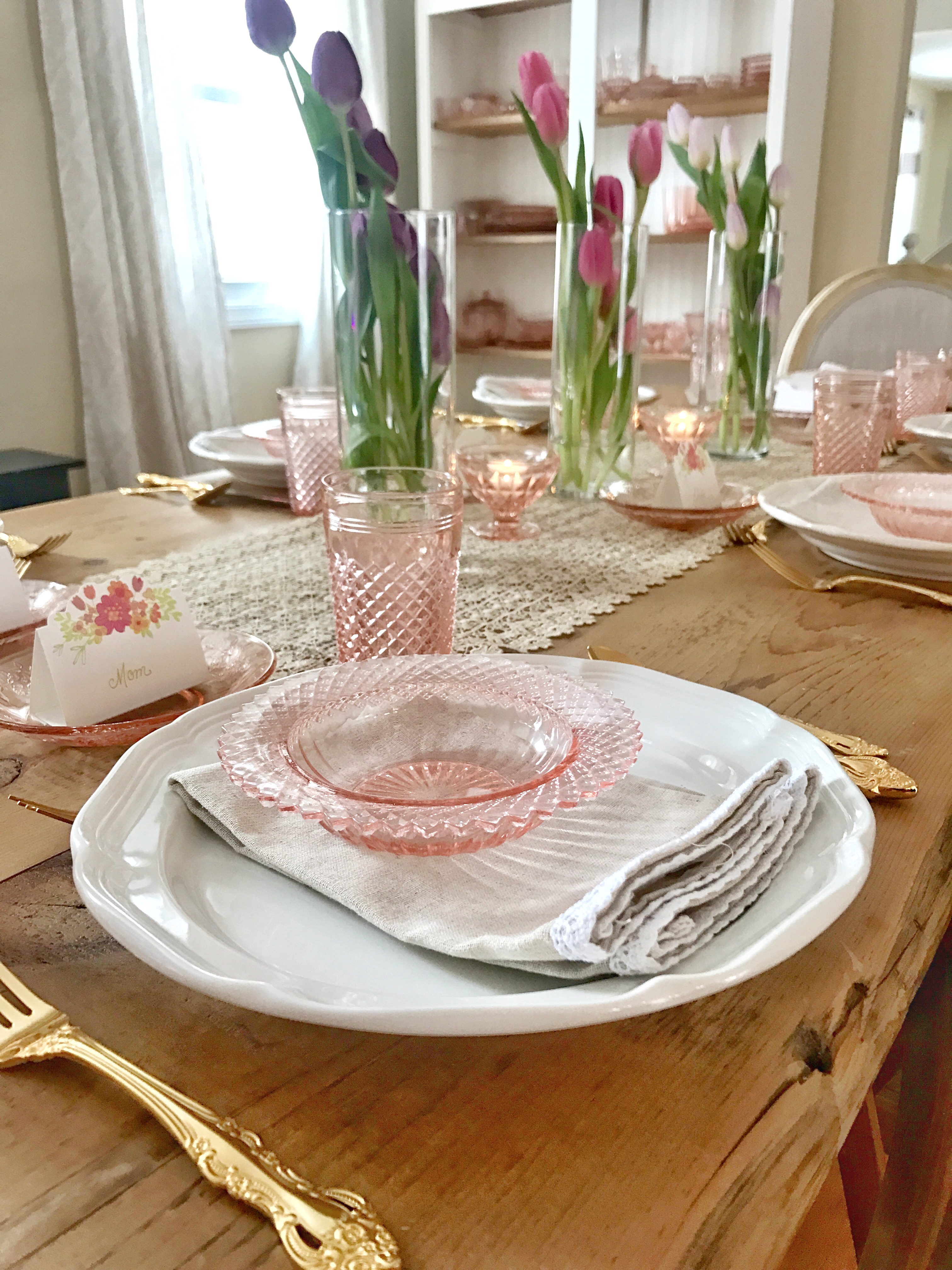 Spring Brunch Tablescape: Pink Depression Glass and Tulips Spring Brunch Tablescape: Pink Depression Glass and Tulips